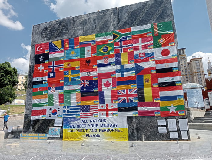 Flags in Maidan Square indicating nationalities of volunteers serving ...