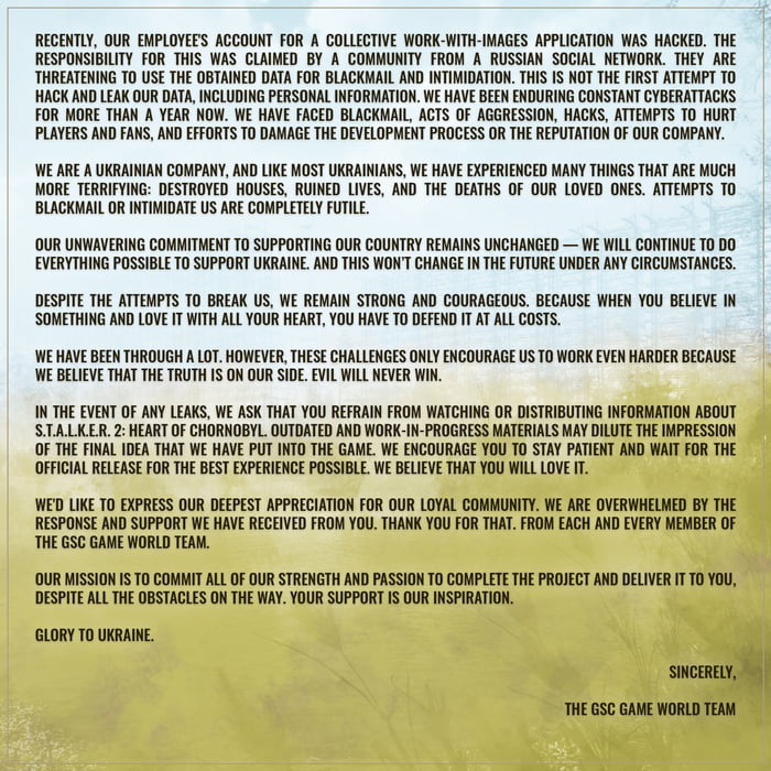 Official message from GSC about the upcoming STALKER 2 game - 9GAG