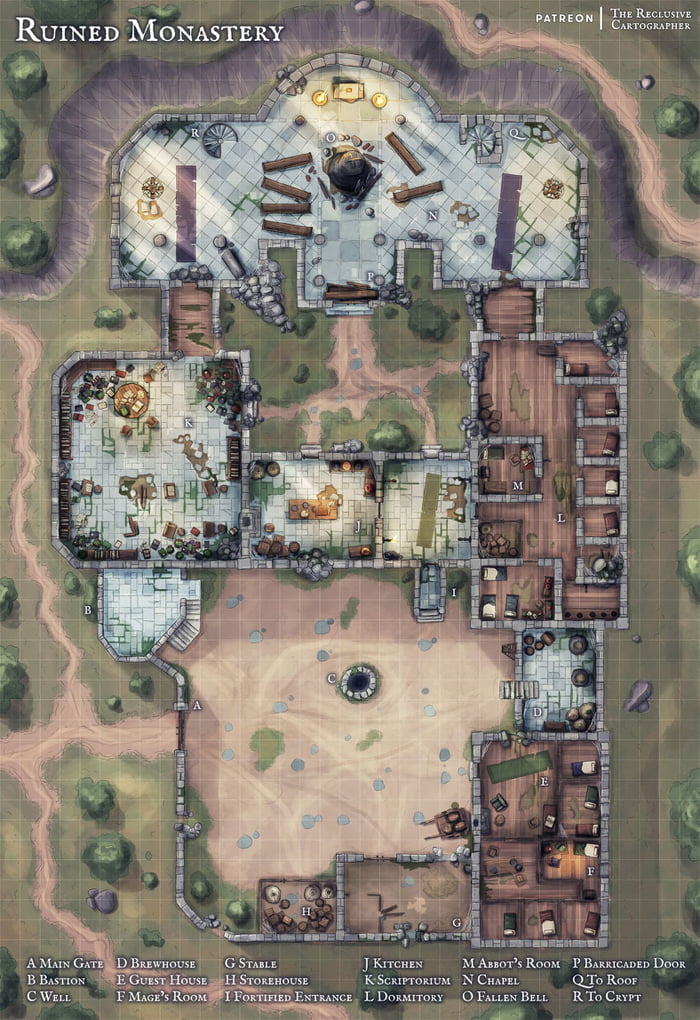 The latest DnD dungeon I drew, The Ruined Monastery. I'll stick the ...