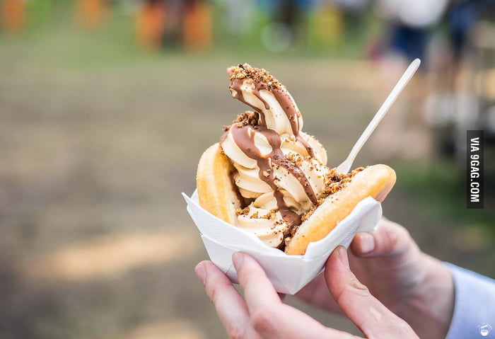 Deep-fried gua bao with salted caramel & miso soft serve, drizzled with ...