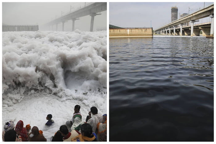 Pre and Post Lockdown pictures of Yamuna river in India. I realise how ...