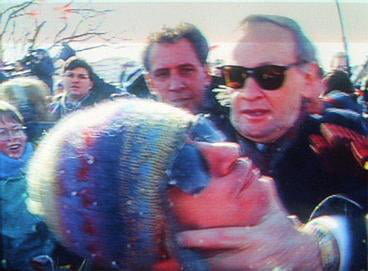Canadian Prime Minister Jean Chrétien chocking anti-poverty protester ...