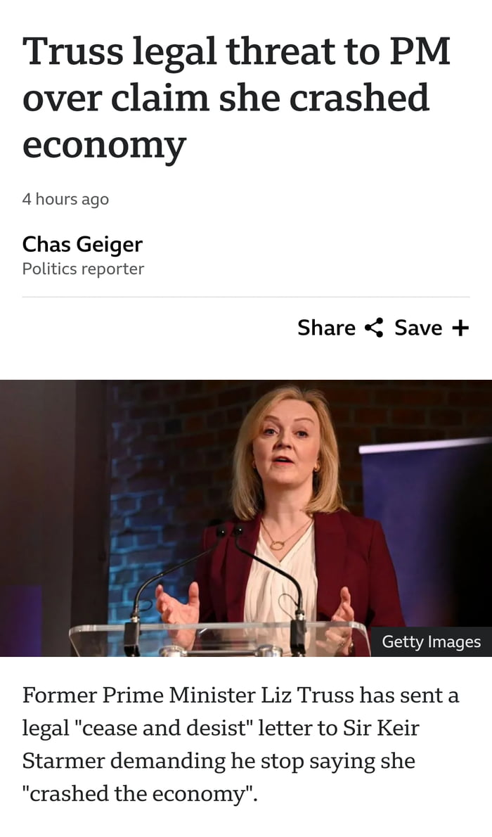 Right-wing cabbage killed the economy in 30 days, by lowering the taxes for the rich. Now she ...