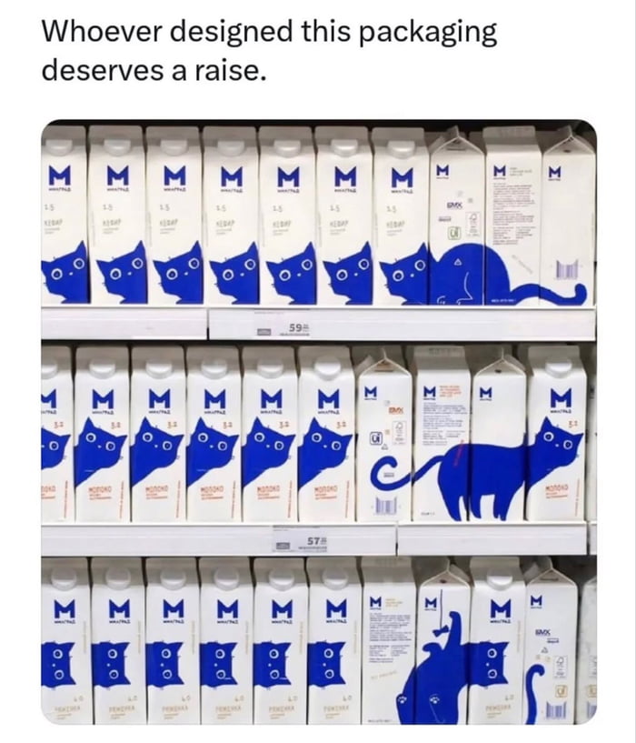 Clever packaging design that forms a cat when aligned. Simple yet brilliant marketing. - 9GAG