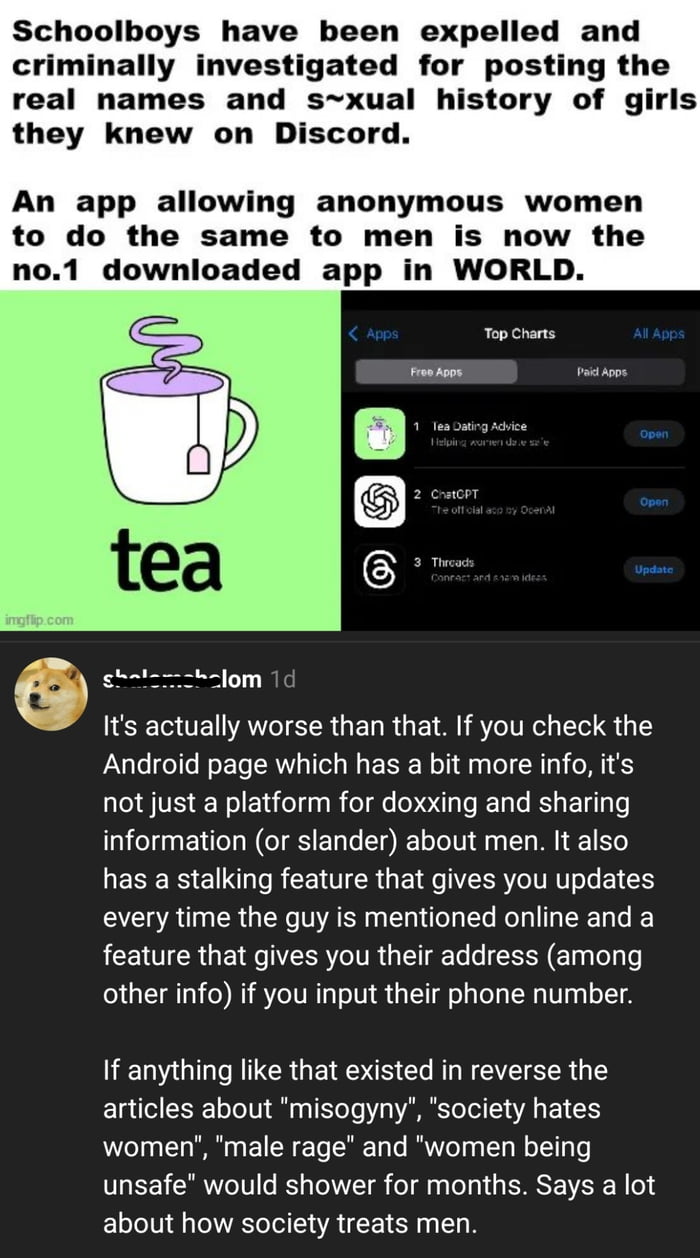 Ironically photos of the women on this app (verification photos to prove they are women) have ...