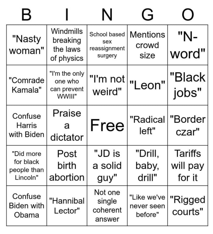 Debate BINGO card of weird things Trump might say. - 9GAG