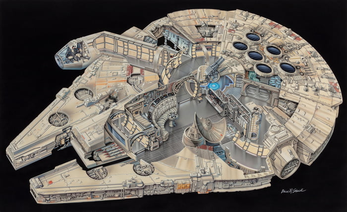 A detailed Millennium Falcon cutaway painting by Brian Sauriol -- The ...