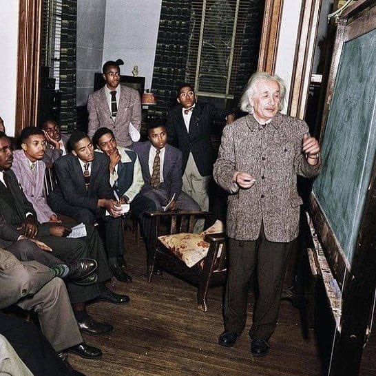 Albert Einstein giving a lecture on relativity at a historically black ...