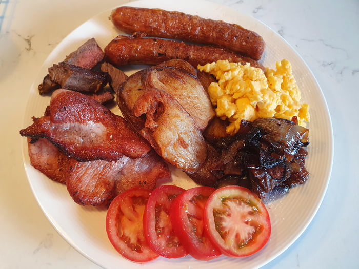Aussie Breakfast: Pork sausages, Rump Steak, Middle Bacon, Fried ...