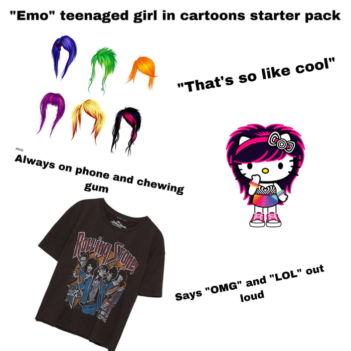 “Emo” teenaged girl in cartoons starter pack - 9GAG