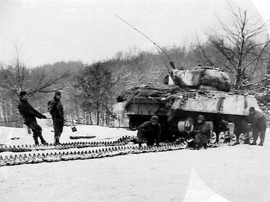 A C Company, 702nd Tank Battalion Red Devils M4 that lost it's tracks ...