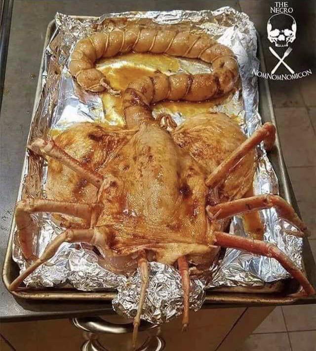 The Face-Sucker from Aliens using a splayed open roasted chicken, crab ...
