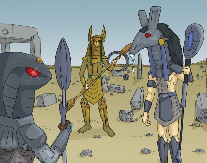 A Serpent guard, a Horus guard, and a Setesh guard meet on a neutral ...