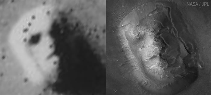 The famous "Face on Mars" imaged by NASA's Viking 1 orbiter in 1976 and ...