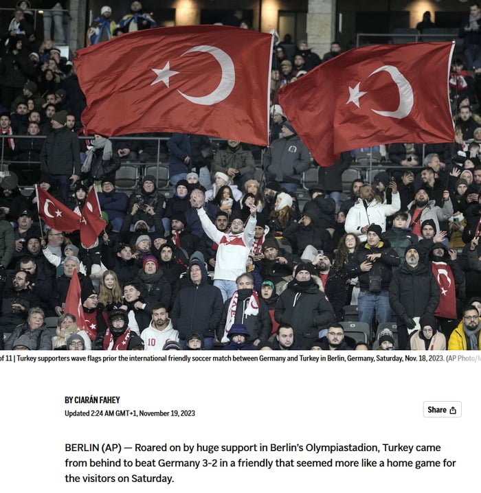 Germany lost a football match against Turkey in Berlin. There were more Turkish fans than ...