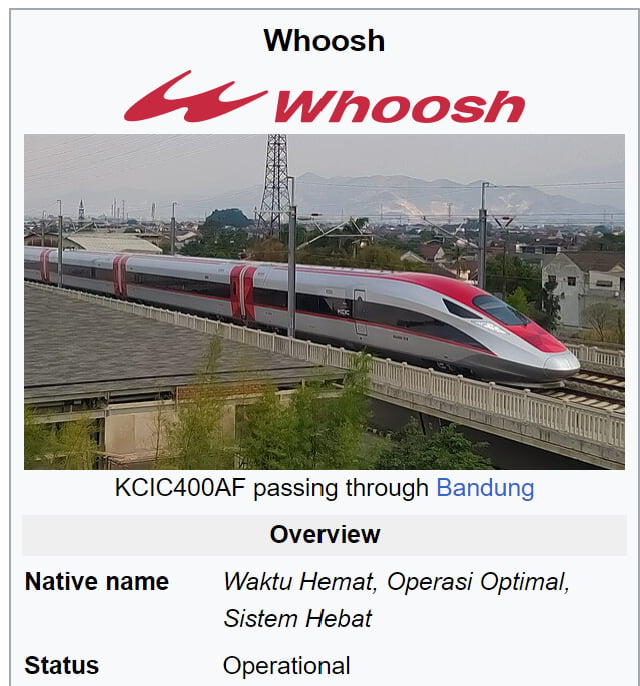 The Whoosh, a high speed rail in Indonesia. The native name translates ...