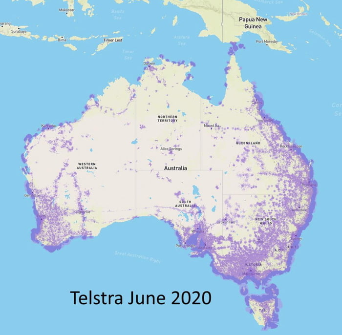 Mobile phone coverage in Australia shown by the purple areas ...