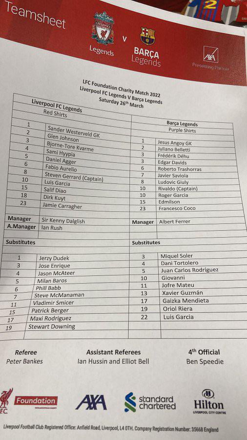 Team sheet for Liverpool vs. Barcelona Legends today - 9GAG