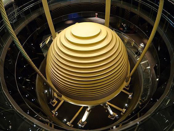 The tuned mass damper of Taipei 101 skyscraper. A tuned mass damper is ...