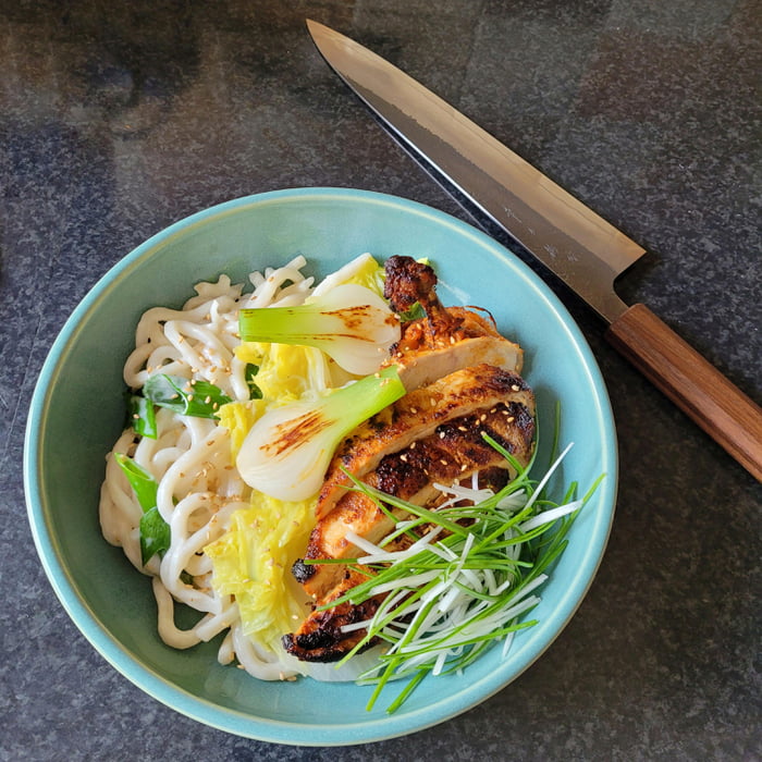 Red Thai chicken FT, sticky coconut udon noodles, Chinese cabbage ...