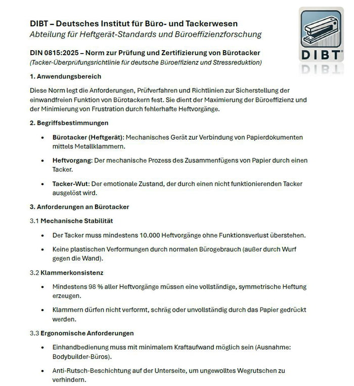 Aprilscherz mit "Tacker DIN-Norm", ich habe alle Tacker im Unternehmen mit Prüfsieglen versehen ...