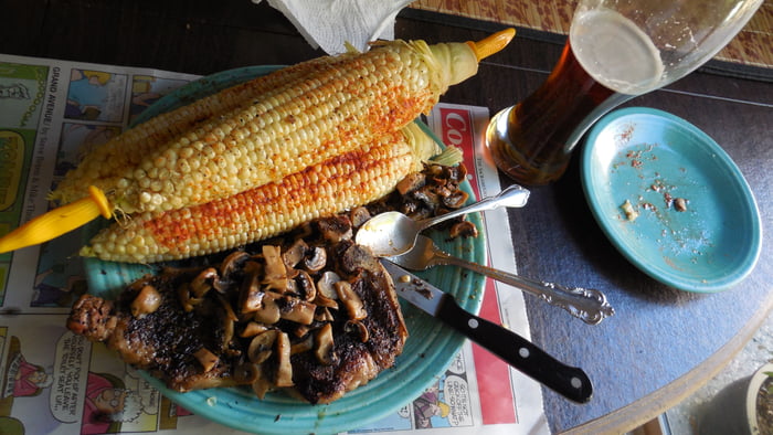 Birthday meal: T-bone w/mushrooms, Corn, IPA. - 9GAG