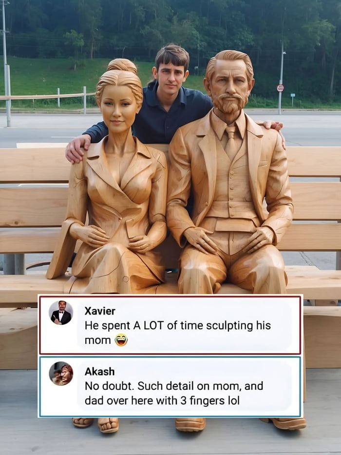 A young man made this spectacular wooden statue of his mom and dad. - 9GAG