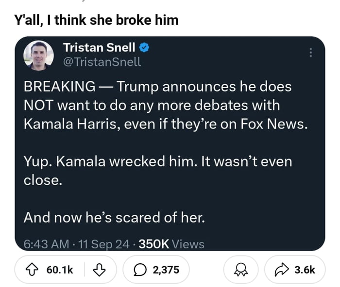 During the debate, Kamala introduced herself slowly and loud for Trump - 9GAG