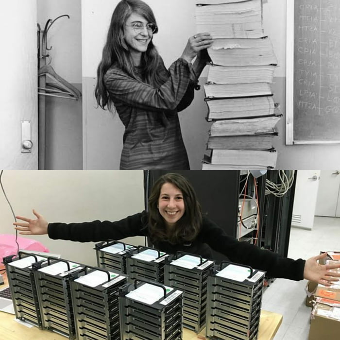 Margaret Hamilton standing next to pile of codes she wrote, that took ...