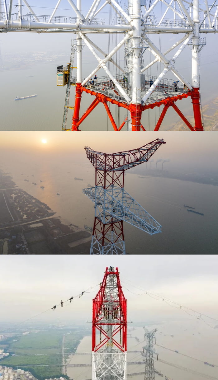 Work on the tallest power pylon on earth, 385 meters above the ground - 9GAG