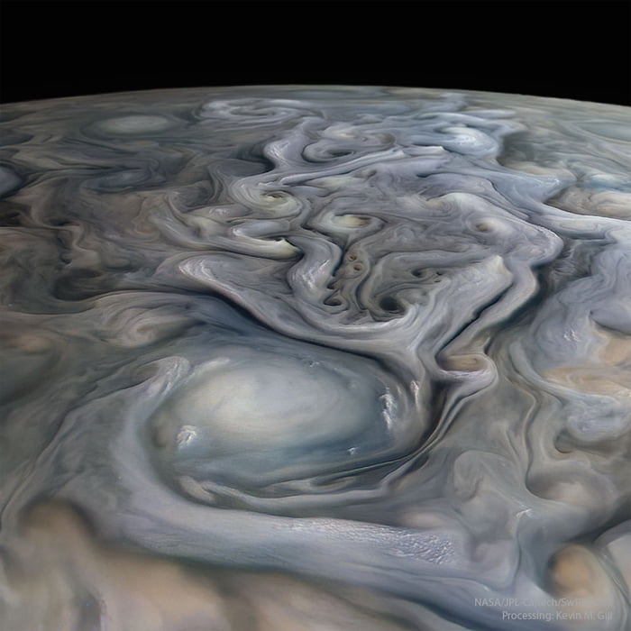 Huge storms on Jupiter, photos from Juno spacecraft combined. Although ...