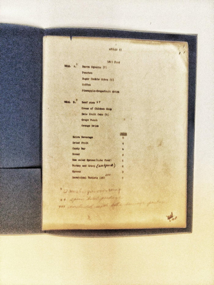Picture of the original food menu from Apollo 11. Obtained from a tour ...