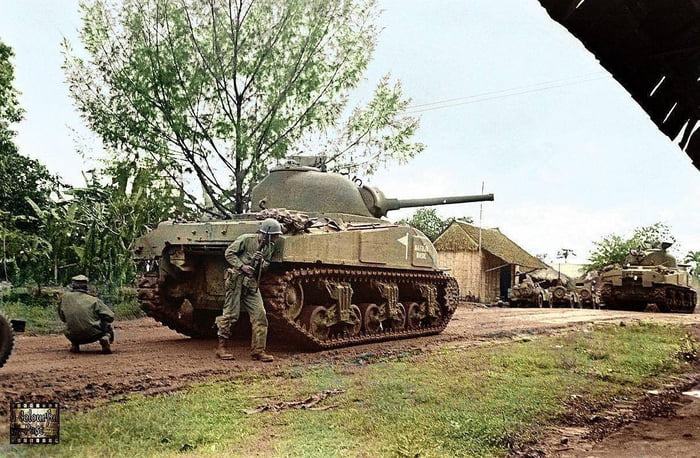 Colorized photo of an M4 Sherman tank of Company 'B' U.S. 44th Tank ...