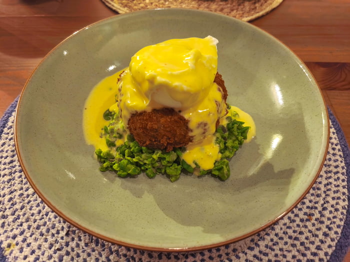 Cod Fishcakes, Crushed Peas & Capers with a poached egg and hollandaise ...