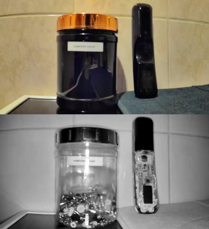 Security cams with night vision can see through some plastic (box of screws and a remote control ...