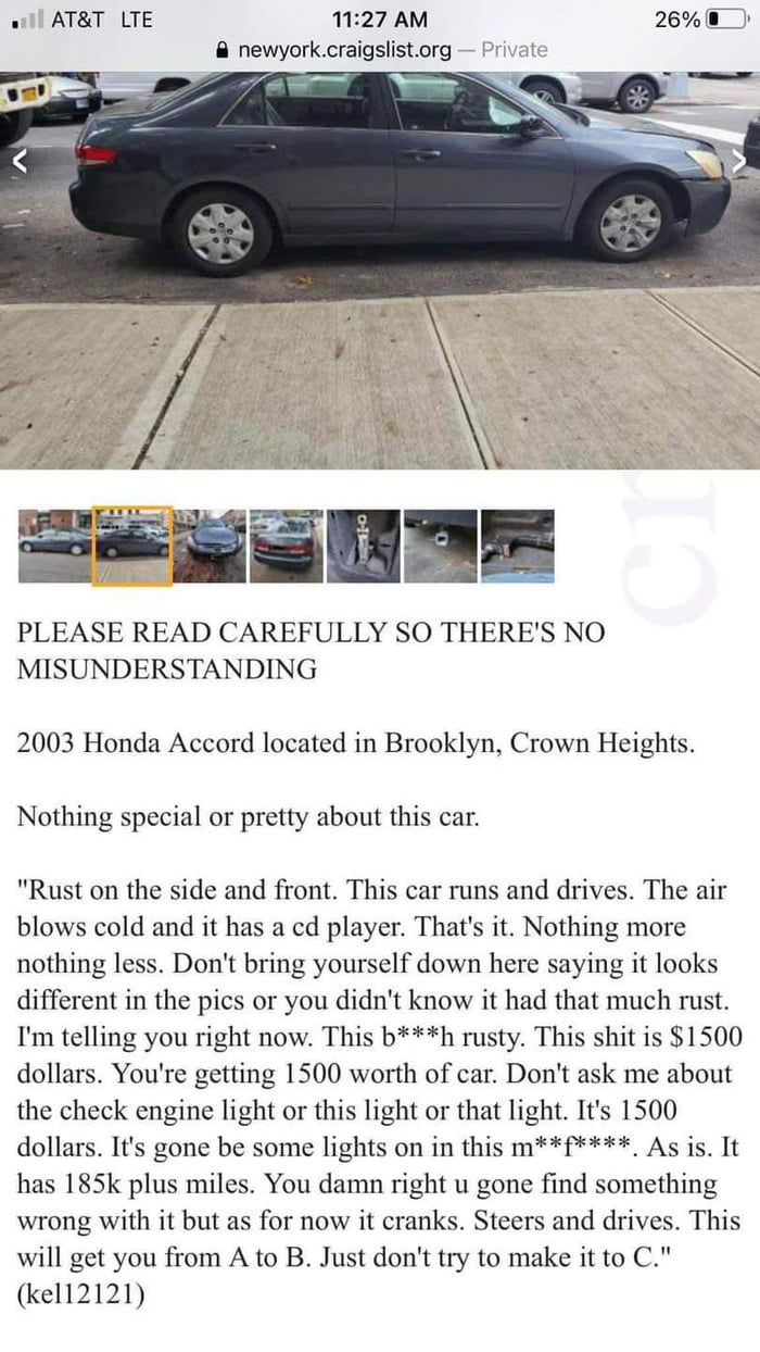 Most honest car ad, honestly I would trust him as a seller much more ...