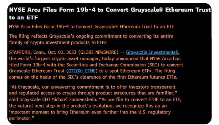 NYSE Arca files from 19b-4 to convert Grayscale ETH trust to an ETF. - 9GAG