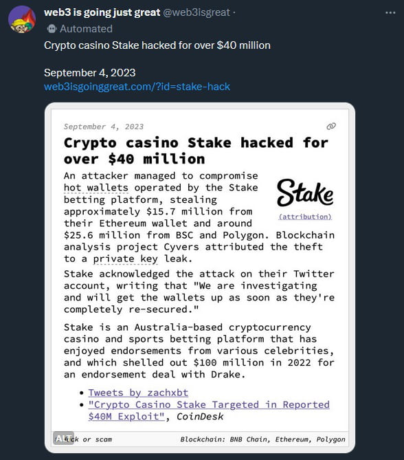 Crypto casino Stake hacked for over $40 million - 9GAG