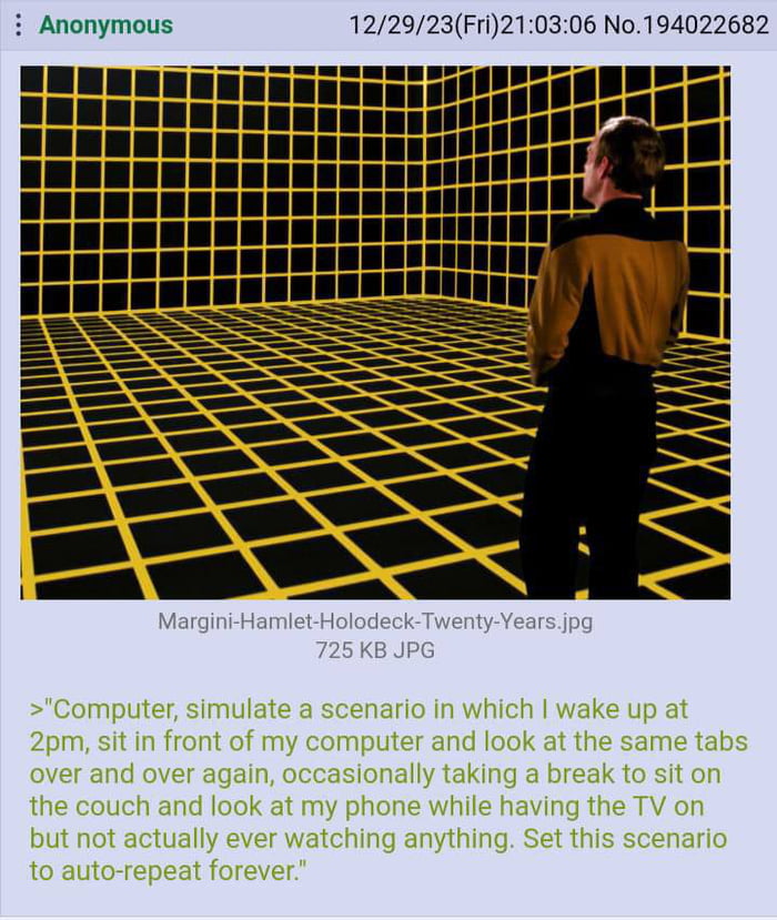 Computer, end program. Delete last three decades. Load 1994 and set ...