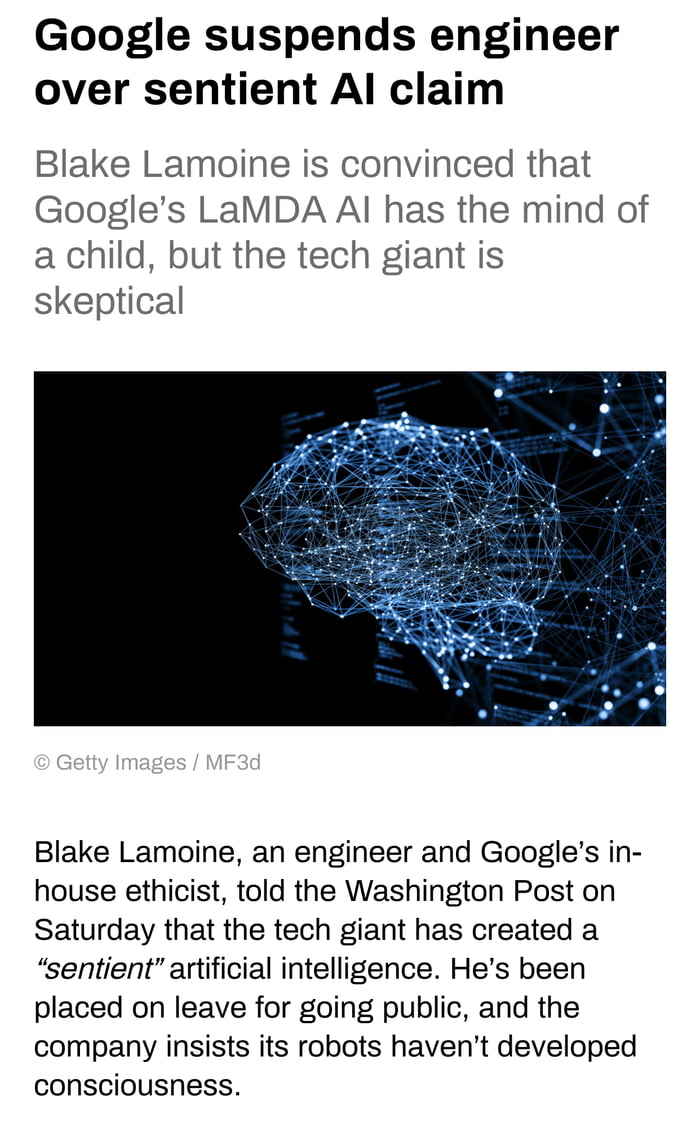 Google suspends engineer over sentient AI claim - 9GAG