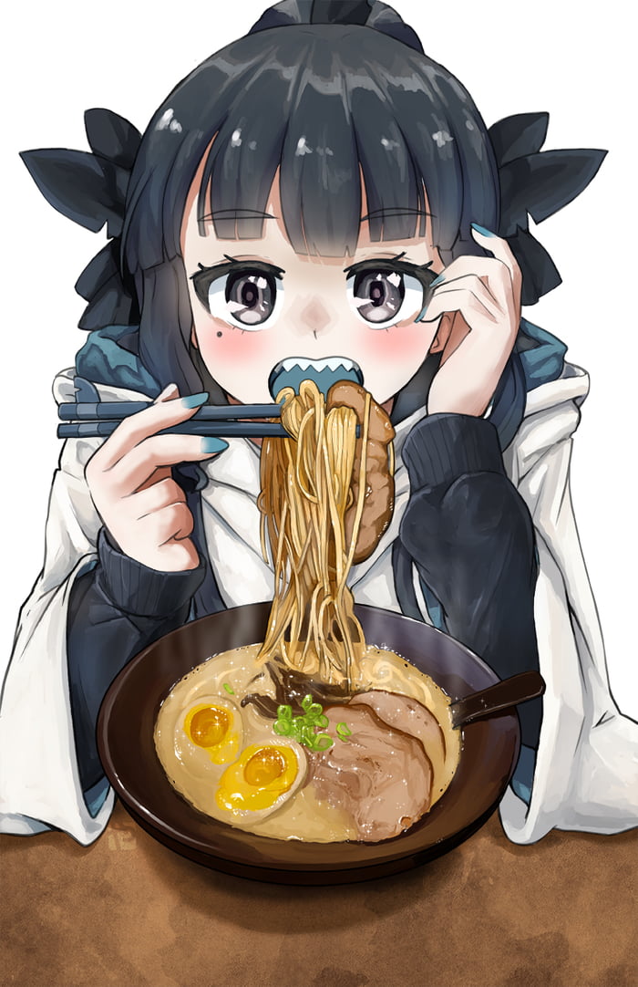 Artemis taking a big bite out of the tonkotsu ramen. - 9GAG