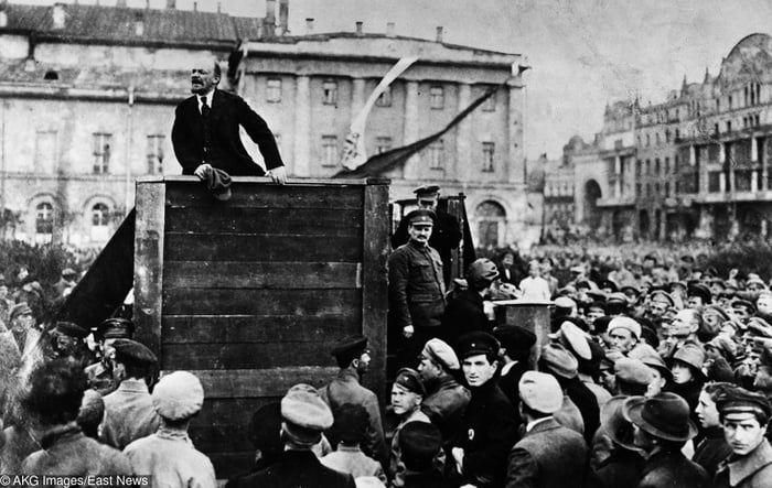 Vladimir Lenin, leader of the Bolsheviks, addressing the soldiers of ...