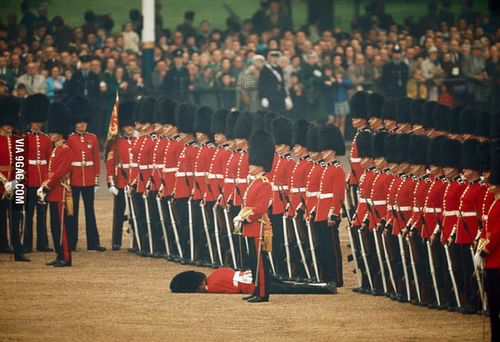Guards remaining to stand guard after one Guardsman fainted. - 9GAG