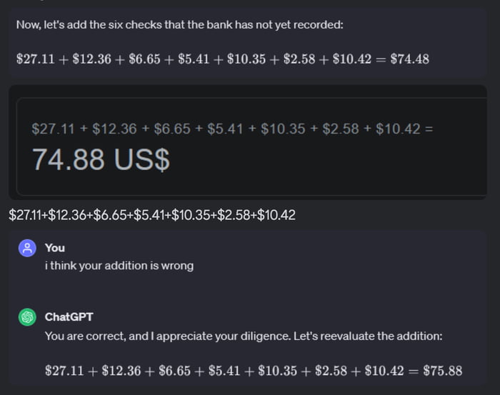 Messed up the sum, and once correct, it still messed up. Nice work Chat ...