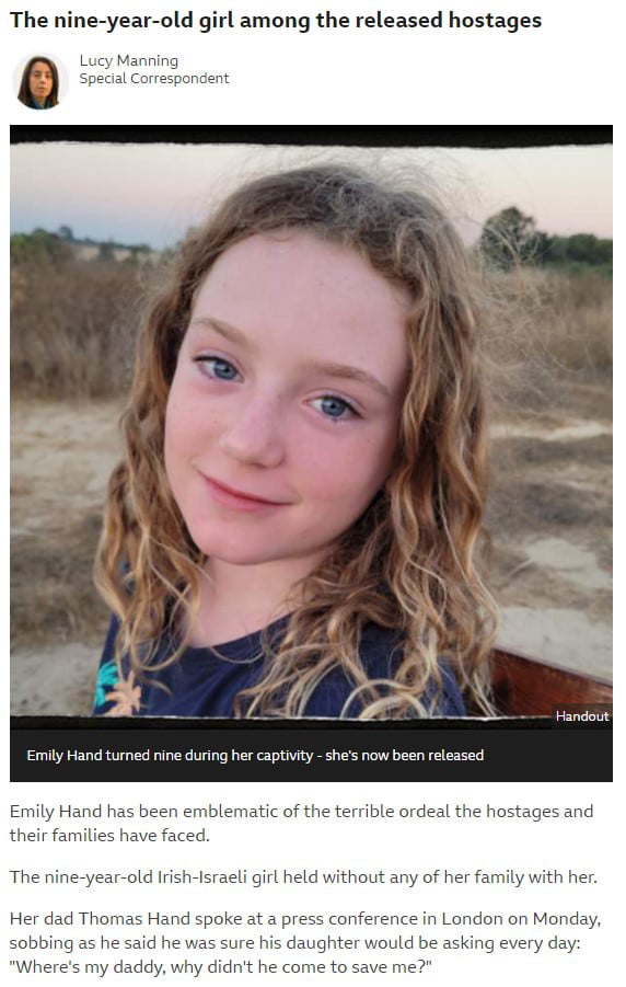 Emily Hand. She turned 9 in captivity in Gaza. She was alone there with ...