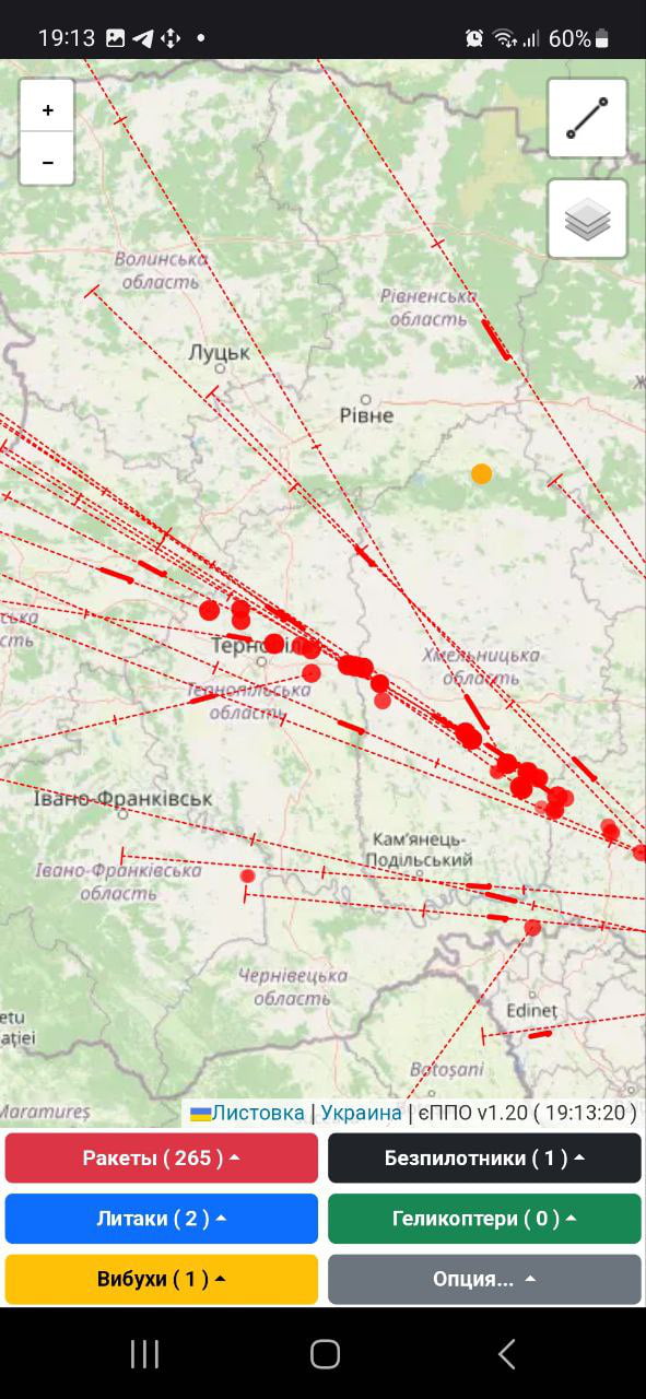 This is a map of the ukrainian air defense app with today's missile ...