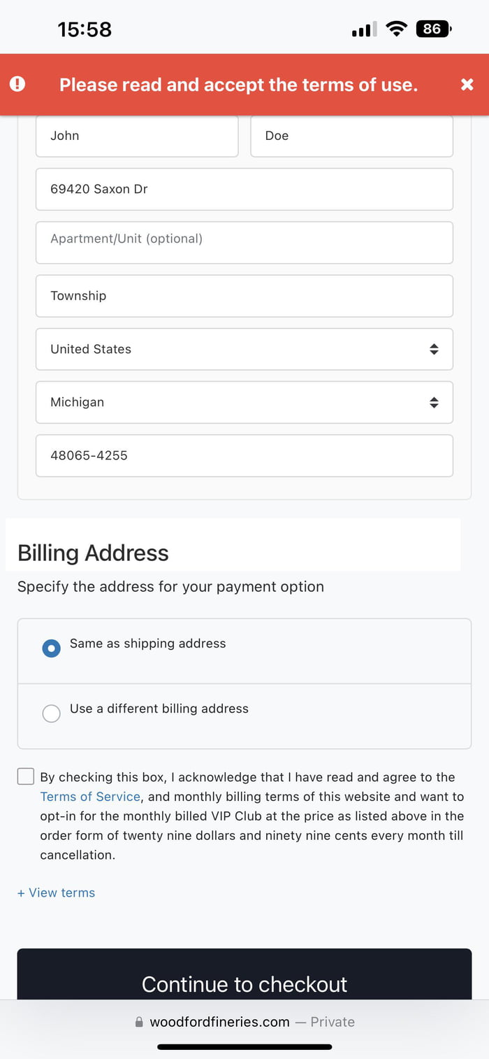 Trying to place an online order. Website will not allow you to checkout ...