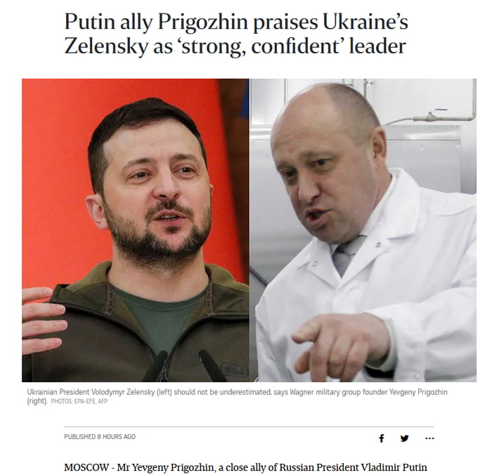 Well ain't this something. Wagner boss praises Zelenski - 9GAG