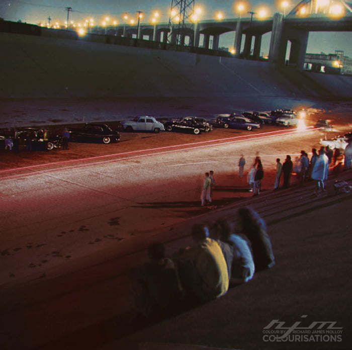 L.A. river drag racing in the 1950s under the old 6th St Bridge. - 9GAG