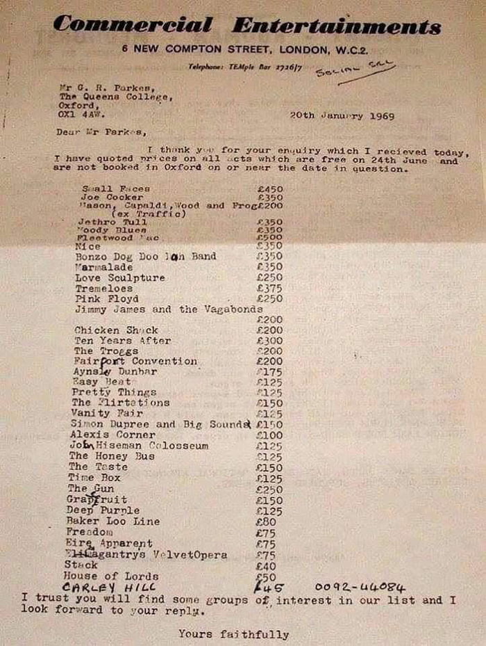 Gig price list for ‘some bands’ in London, 1969 - 9GAG